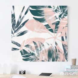 Bilderwelten Leinwandbild Blumen Abstrakt Kunstdruck petrol - Tropisches Orakel petrol II - Pflanzen XXL Wohnzimmer Schlafzimmer