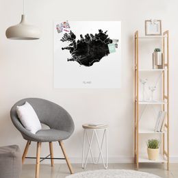 Bilderwelten Glasbild Illustration schwarz weiss Aquarell - Schwarzes Island - Deko Wohnzimmer Schlafzimmer