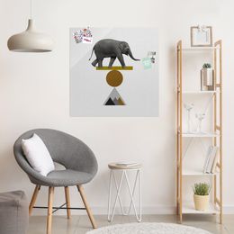 Bilderwelten Glasbild originell Illustration grau Glas Wandbild - Balancekunst Elefant - Deko Wohnzimmer Schlafzimmer