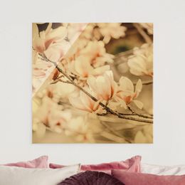 Bilderwelten Glasbild Wald Vintage braun Glas Wandbild - Magnolienzweige im Vintagestil - B&auml;ume Wohnzimmer Schlafzimmer