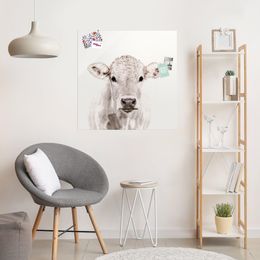Bilderwelten Glasbild Tiere Motiv grau Glas Wandbild - Wei&szlig;es Kalb - Deko Wohnzimmer Schlafzimmer