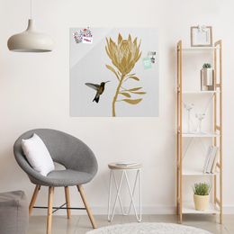 Bilderwelten Glasbild Tiere Tropisch gold Glas Wandbild - Kolibri und tropische goldene Bl&uuml;te - Pflanzen Wohnzimmer Schlafzimmer