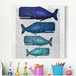 Bilderwelten Leinwandbild Tiere Illustration Kunstdruck blau - Tierlekt&uuml;re - Walfamilie - Spr&uuml;che XXL Wohnzimmer Schlafzimmer