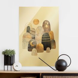 Bilderwelten Glasbild originell Abstrakt grau Glas Wandbild - Gold Berge mit Mond - Deko Wohnzimmer Schlafzimmer