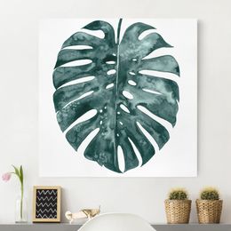 Bilderwelten Leinwandbild Blumen Tropisch Aquarell weiss - Smaragdgr&uuml;ne Monstera Deliciosa - Pflanzen XXL Wohnzimmer Schlafzimmer
