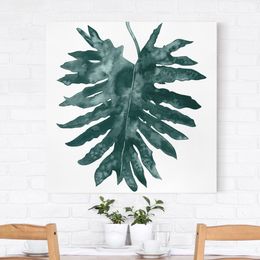 Bilderwelten Leinwandbild Blumen Tropisch Aquarell weiss - Smaragdgr&uuml;ner Philodendron Bipinnatifidum - Pflanzen XXL Wohnzimmer Schlafzimmer