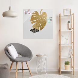 Bilderwelten Glasbild Tiere Tropisch gold Glas Wandbild - Goldene Monstera mit Schmetterling - Pflanzen Wohnzimmer Schlafzimmer