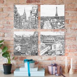 Bilderwelten Leinwandbild originell Illustration Kunstdruck Leinwanddruck - Stadtstudie Set I - Architektur XXL Wohnzimmer Schlafzimmer