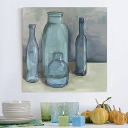 Bilderwelten Leinwandbild originell modern Kunstdruck blau - Stillleben mit Glasflaschen II - Wandbild XXL Wohnzimmer Schlafzimmer