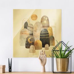 Bilderwelten Glasbild originell Abstrakt grau Glas Wandbild - Gold Berge mit Mond - Deko Wohnzimmer Schlafzimmer