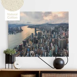 Bilderwelten Leinwandbild Stadt Motiv Kunstdruck grau - Hongkong bei Sonnenaufgang - Architektur XXL Wohnzimmer Schlafzimmer