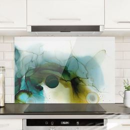 Bilderwelten Glas Spritzschutz Abstrakt petrol originell Aquarell - Goldener Waldspaziergang - Deko K&uuml;chenr&uuml;ckwand aus Glas