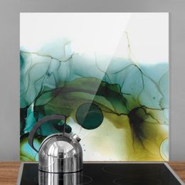 Bilderwelten Glas Spritzschutz Abstrakt petrol originell Aquarell - Goldener Waldspaziergang - Deko K&uuml;chenr&uuml;ckwand aus Glas