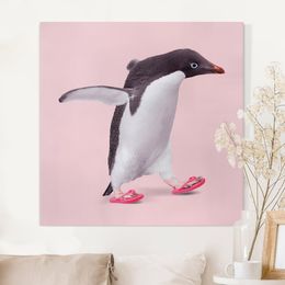 Bilderwelten Leinwandbild Tiere Digital Art Kunstdruck rosa - Flip-Flop Pinguin - Lustig XXL Wohnzimmer Schlafzimmer