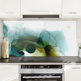 Bilderwelten Glas Spritzschutz Abstrakt petrol originell Aquarell - Goldener Waldspaziergang - Deko K&uuml;chenr&uuml;ckwand aus Glas