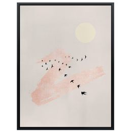 Bilderwelten Leinwandbild Vogelschwarm vor Rosa Himmel