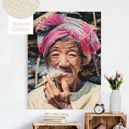 Bilderwelten Leinwandbild Portrait Motiv Kunstdruck bunt - Burmesische Frau in Myanmar - Wandbild XXL Wohnzimmer Schlafzimmer