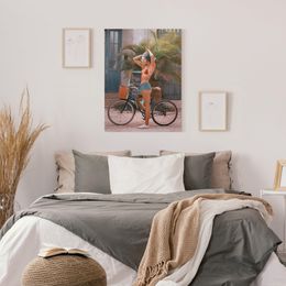 Bilderwelten Leinwandbild Natur Vintage Kunstdruck bunt - Fahrrad M&auml;dchen - Fahrrad XXL Wohnzimmer Schlafzimmer