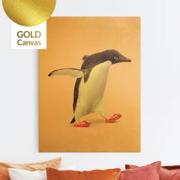 Bilderwelten Leinwandbild Tiere Digital Art Kunstdruck rosa - Flip-Flop Pinguin - Lustig XXL Wohnzimmer Schlafzimmer