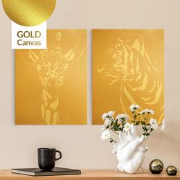 Bilderwelten Leinwandbild Safari Tiere - Giraffe und Tiger Beige - Wandbild bis XXL Print Botanik Tropical Illustration Tiere Jugendzimmer Wohnzimmer Beige