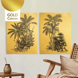 Bilderwelten Leinwandbild Vintage Illustration - Affe und Tiger - Wandbild bis XXL Print Botanik Tropical Illustration Natur Tiere Wohnzimmer Schwarz/Wei&szlig;