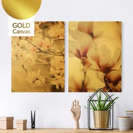 Bilderwelten Leinwandbild Blumen Motiv Kunstdruck beige - Magnolienbl&uuml;ten Set - Wandbild XXL Wohnzimmer Schlafzimmer