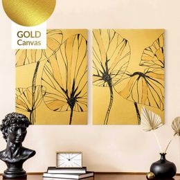 Bilderwelten Leinwandbild originell Tropisch Kunstdruck gold - Tropische Bl&auml;tter mit Gold - Pflanzen XXL Wohnzimmer Schlafzimmer