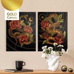 Bilderwelten Leinwandbild Tiere modern Aquarell schwarz - Schlange mit Rosen Schwarz und Gold Duo - Rose XXL Jugendzimmer