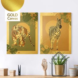 Bilderwelten Leinwandbild Natur Tropisch Kunstdruck gr&uuml;n - Safari Tiere - Zebra und Tiger vor Sonne - Sonnenuntergang XXL Wohnzimmer Schlafzimmer