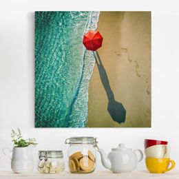 Bilderwelten Leinwandbild Strand Motiv Kunstdruck blau - Spaziergang am Strand - Landschaft XXL Wohnzimmer Schlafzimmer