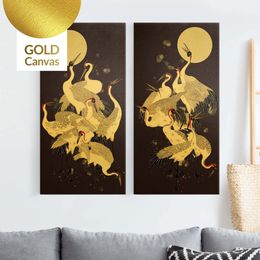 Bilderwelten Leinwandbild Tiere modern Kunstdruck schwarz weiss - Kraniche vor Mond Duo - V&ouml;gel XXL Wohnzimmer Schlafzimmer