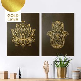 Bilderwelten 2-teiliges Leinwandbild Lotus Illustration und Hamsa Hand Set
