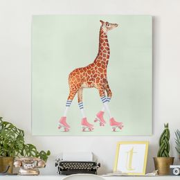Bilderwelten Leinwandbild Tiere Fotomontage Kunstdruck gr&uuml;n - Giraffe mit Rollschuhen - Giraffen XXL Jugendzimmer
