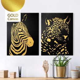 Bilderwelten 2-teiliges Leinwandbild Safari Tiere - Zebra und Leopard Schwarz