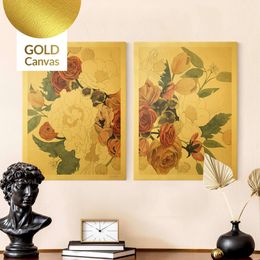 Bilderwelten Leinwandbild Zeichnungen Blumenbouquet - Wandbild bis XXL Print Blumen Floral Kunstdruck Wohnzimmer Schlafzimmer Beige