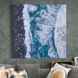 Bilderwelten Leinwandbild Strand Motiv Kunstdruck blau - Luftbild - J&ouml;kuls&aacute;rl&oacute;n in Island vertikal - Landschaft XXL Wohnzimmer Schlafzimmer
