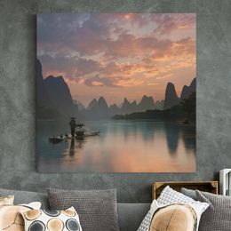 Bilderwelten Leinwandbild Natur Motiv Kunstdruck pastell - Sonnenaufgang &uuml;ber chinesischem Fluss - Boot Schiff & U-Boot XXL Wohnzimmer Schlafzimmer