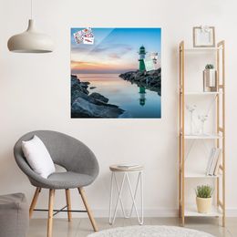 Bilderwelten Glasbild Strand Motiv blau Glas Wandbild - Sunset at the Lighthouse - Sonnenuntergang Wohnzimmer Schlafzimmer