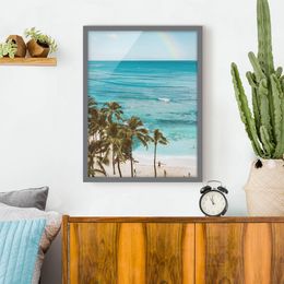 Bilderwelten Bild mit Rahmen Strand t&uuml;rkis Motiv inkl. Rahmung - Regenbogen im Paradies - Meerblick Wohnzimmer Schlafzimmer