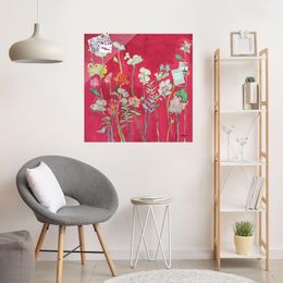 Bilderwelten Glasbild originell modern pink Glas Wandbild - Blumenreich auf rot - Deko Wohnzimmer Schlafzimmer