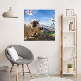 Bilderwelten Glasbild Natur Motiv blau Glas Wandbild - Schwarznasenschafe von Zermatt - Schweiz Wohnzimmer Schlafzimmer