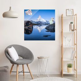 Bilderwelten Glasbild Natur Motiv blau Glas Wandbild - Stellisee vor dem Matterhorn - Schweiz Wohnzimmer Schlafzimmer