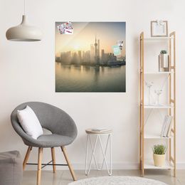 Bilderwelten Glasbild Stadt Motiv orange Glas Wandbild - Pudong bei Sonnenaufgang - Architektur Wohnzimmer Schlafzimmer