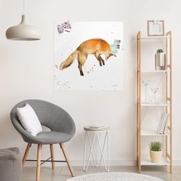 Bilderwelten Glasbild Tiere modern weiss Aquarell - Springender Fuchs - Deko Kinderzimmer Baby M&auml;dchen Jungen