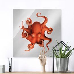 Bilderwelten Glasbild Strand Illustration rot Glas Wandbild - Vintage Illustration Roter Oktopus - Unterwasser Wohnzimmer Schlafzimmer