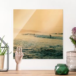 Bilderwelten Glasbild Strand Motiv rosa Glas Wandbild - Surfsession im Abendrot - Landschaft Wohnzimmer Schlafzimmer