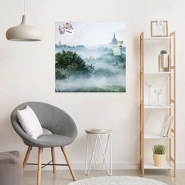 Bilderwelten Glasbild Wald Motiv gr&uuml;n Glas Wandbild - Morgennebel &uuml;ber dem Dschungel von Bagan - Asia Wohnzimmer Schlafzimmer