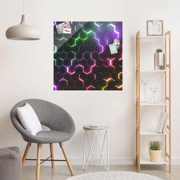 Bilderwelten Glasbild Neon Art schwarz Glas Wandbild - Strukturierte Hexagone mit Neonlicht - Deko Jugendzimmer