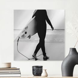 Bilderwelten Glasbild Strand Motiv schwarz weiss Glas Wandbild - Leash dran - Los geht's - Landschaft Wohnzimmer Schlafzimmer