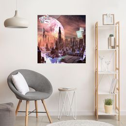 Bilderwelten Glasbild Illustration schwarz Glas Wandbild - Sci-Fi Stadt mit Planeten - Deko Jugendzimmer